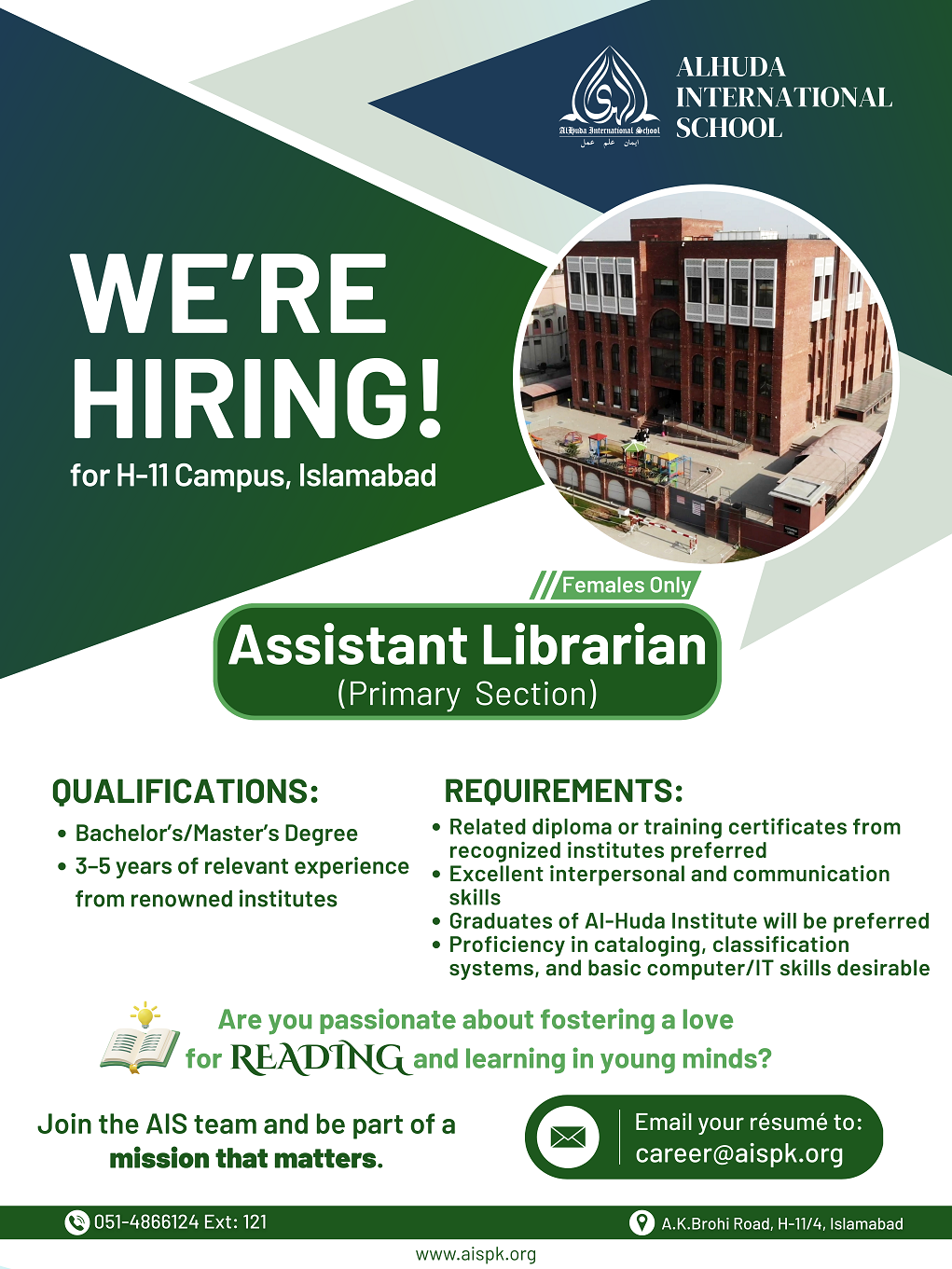 Assistant Librarian (Female, Primary Section) | H-11 Campus, Islamabad ...