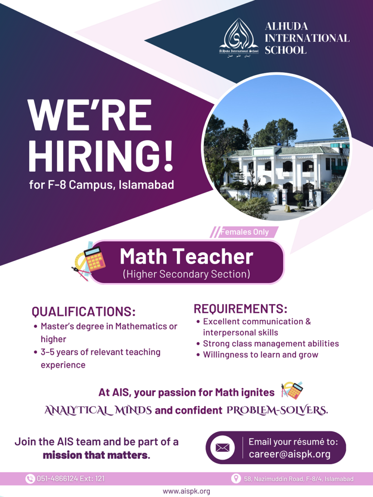 Mathematics Teacher (Female) | F-8 Campus, Islamabad - AlHuda ...